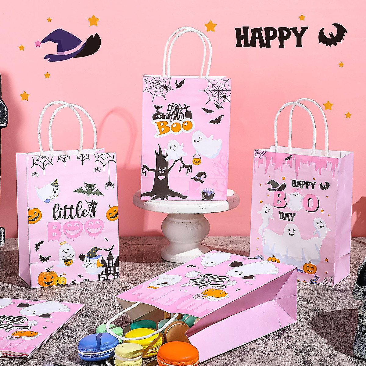 Kolldenn 48 Pieces Pink Halloween Snack Bags with Handle Hey Boo Treat Bags Bulk Little Boo Paper Gift Bags Pink Halloween Party Favor Bags Boo Bags for Halloween Party Decor
