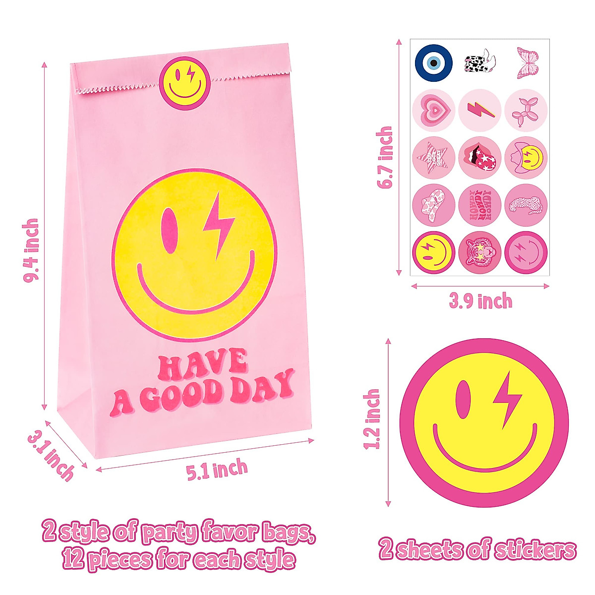 AellasNervalt 26Pcs Preppy Party Favor Bag with Stickers Y2k Hot Pink Smile Face Tiger Goodie Bags Paper Treat Bag Candy Gift Bags Supplies for Teen Girls Birthday Bachelorette Early 2000s Theme Party
