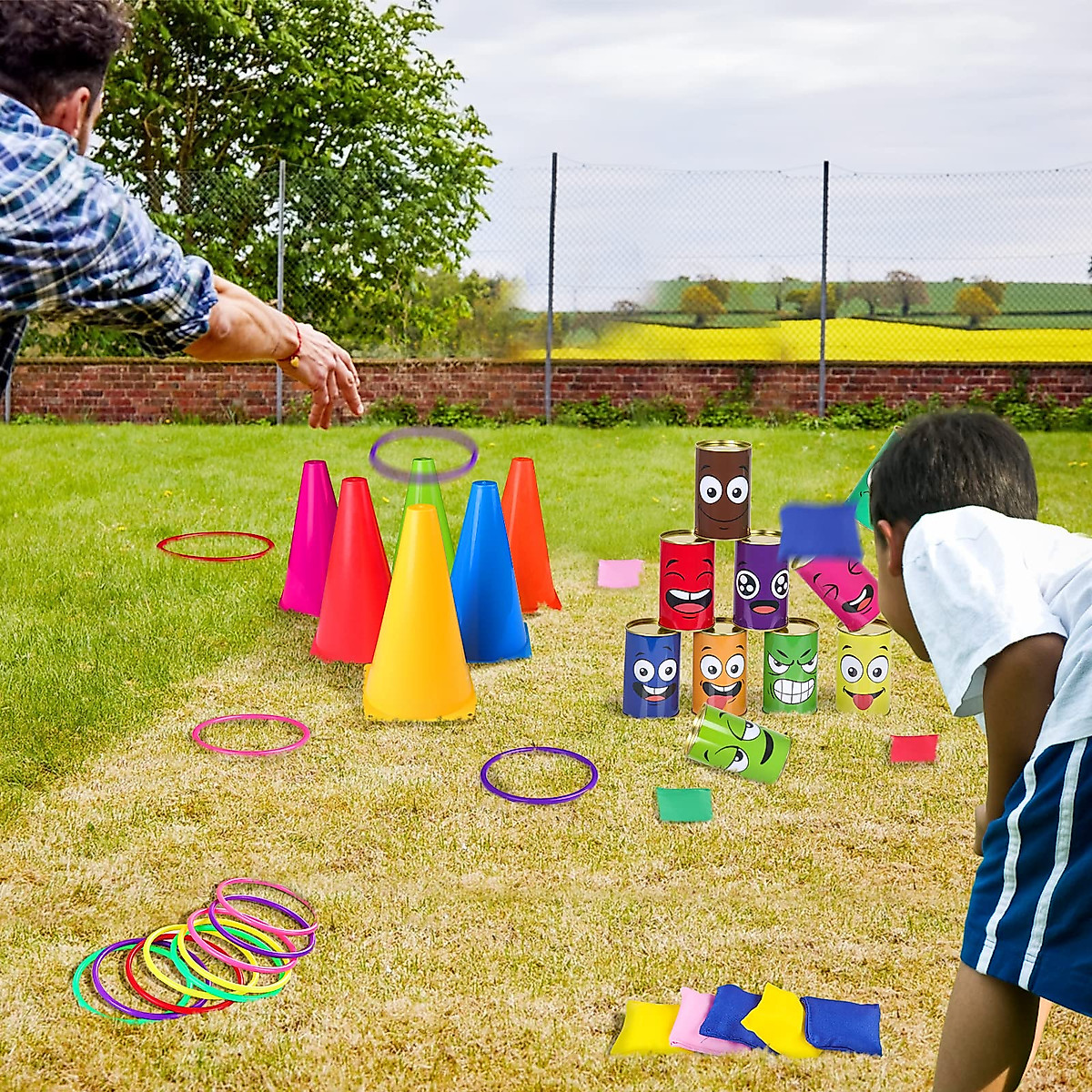 Waenerec 36PCS Carnival Games Combo Set 4 in 1 Bean Bag Toss Can Games Soft Plastic Cone Backyard Ring Toss Game for Indoor Outdoor School Field Day Birthday Party Yard Games for Kids Adults