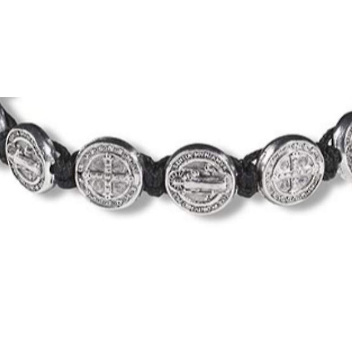 CB Silver Tone Saint Benedict Medal on Adjustable Black Cord Wrist Bracelet, 8 Inch, Pack of 5