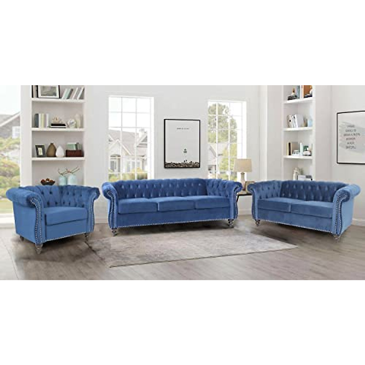 wirrytor 2 Pieces of Living Room Furniture Chesterfield Sofa Sets, Velvet Chesterfield Sofa&Chesterfield Club Chair Sofas Set with Nailhead Trim Scroll Arms(Blue)