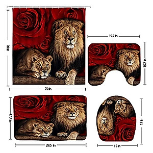 MUENKKCS 4 Pcs Red Rose Lion Shower Curtain Sets with Bath Rugs and Bath U-Shaped Mat Toilet Lid Cover Wildlife Animals Bathroom Decor Accessories