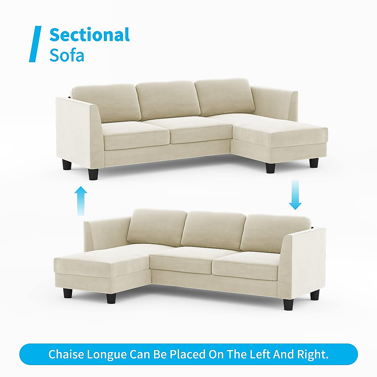 Mjkone Convertible Sectional Sofa Couch, 86'' W Velvet Sofas for Living Room, L Shaped Couches with Reversible Chaise, Couch Office/Bedroom/Living Room (Beige) Creamy White