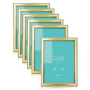 LaVie Home 5x7 Picture Frames (6 Pack, Gold) Simple Designed Photo Frames for Wall Mount Display, Set of 6 Classic Collection