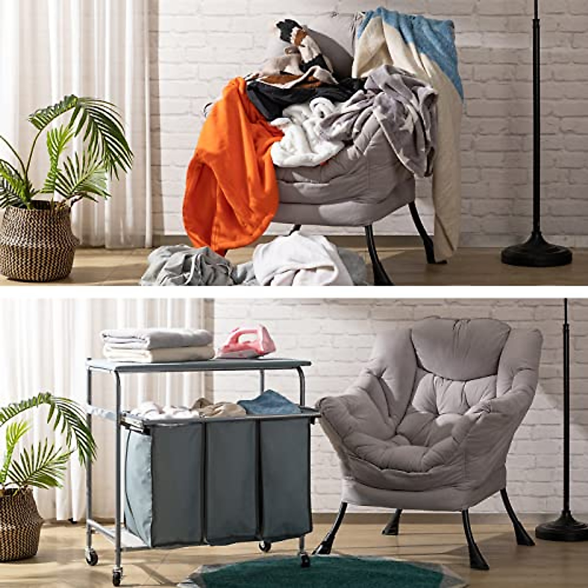 ALIMORDEN Laundry Sorter with Ironing Board Rolling Laundry Basket with Side pull 3-Bag Heavy-Duty Laundry Room Organizer Clothes Hamper with 4 Wheels and lid Blue Grey