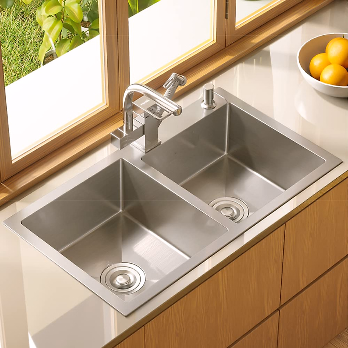 Double Bowl Kitchen Sink, Drop In 32.3 x 17.7 Stainless Steel Topmount Bar Sink Nice Kitchen Sink With Gift-Soap Dispenser, Faucet Mat, Drain Strainer Set for Modern Kitchen Sink