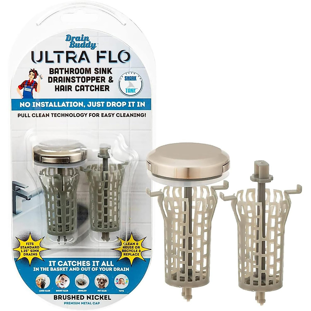 Drain Buddy Ultra Flo- 2 in 1 Bathroom Sink Stopper & Hair Catcher W/Patented Pull Clean Technology! | Fits 1.25” Sink Drains, Clog Preventing | Brushed Nickel Cap / 1 Replacement Basket