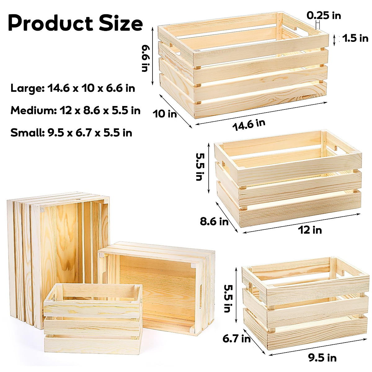 Youeon Set of 3 Rustic Wooden Nesting Crates with Handles, Decorative Wooden Crates, Crate Box Wooden Storage Box for Kitchen, Office, Bedroom, Closet, Rustic Country Decor