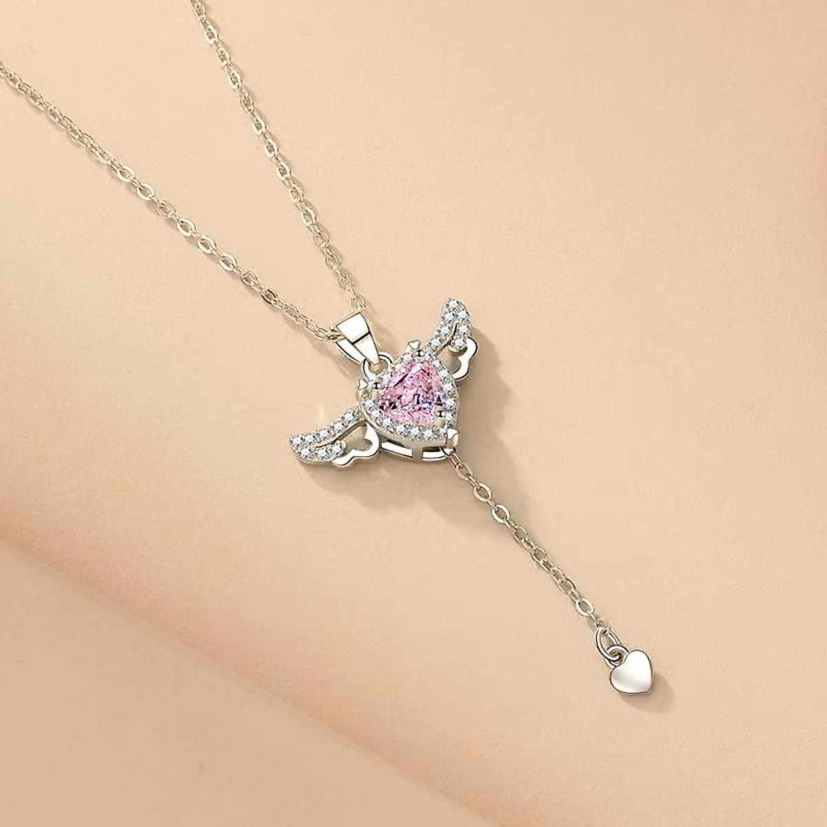 Keopun Pink Crystal Angel Wings Heart Pendant Necklace, 925 Sterling Silver Angel Wings Necklace with Swing Wings, Angel Necklaces for Women (2Pcs)