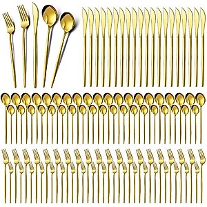 100 Pcs Gold Silverware Set Stainless Steel Flatware Service Set for 20, Kitchen Home Tableware Cutlery Utensils Spoon Fork Knives Black Gold Silverware Mirror Polished Dishwasher Safe (Gold)