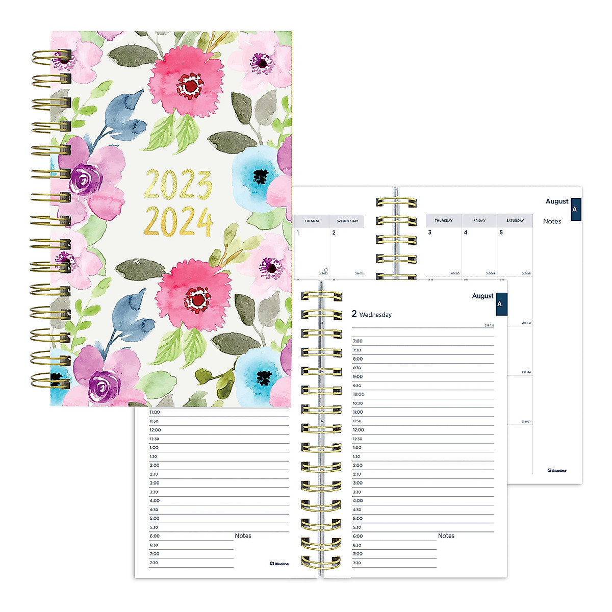 Blueline Essential Academic Daily/Monthly Planner, August 2023 to July 2024, Gold Twin-Wire Binding, Poly Cover, 8" x 5", Blossom Design, Pink (CA214PG.01-24)