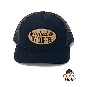 CRAVE HATS Fueled by Coffee Trucker Hat, Coffee Lover Gift, Coffee Gift for Men & Women (Black/Black)