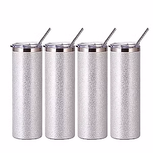 PYD Life Sublimation Tumblers Glitter Blanks Skinny 30 OZ Silver Straight Stainless Steel Tumbler with Lid and Stainless Straw for Tumbler Heat Press Sublimation Oven Printing 4 Pack