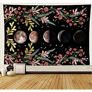 Fendio Black Moonlit Garden Tapestry, Moon Phase Star Surrounded by Flowers Vine Black Wall Hanging Blanket for Room