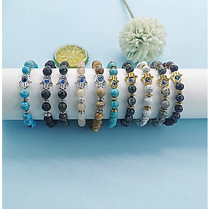 FINZOR 10Pcs Evil Eye Charm Beaded Bracelets for Women Men Semi-Precious Gemstones Bracelets Crystal Bracelet Hamsa Hand of Fatima Turkish Evil Eye Lucky Bracelet for Protection Blessing