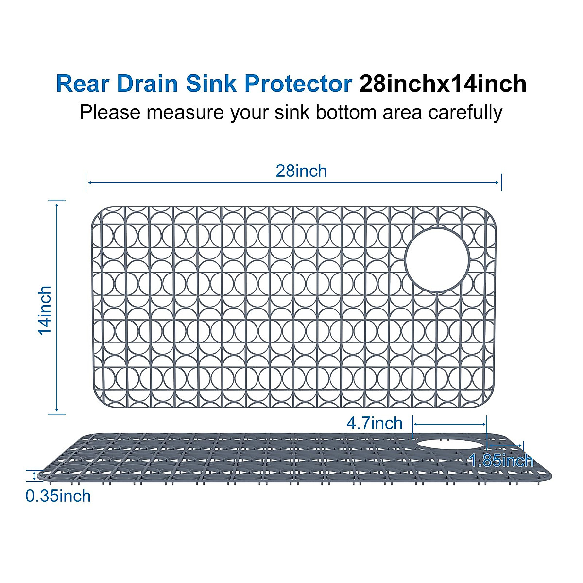 Kitchen Silicone Sink Protector Mat 28''×14'' Farmhouse Sink Protectors for Stainless Steel Kitchen Grey Sink Grid with Rear Drain