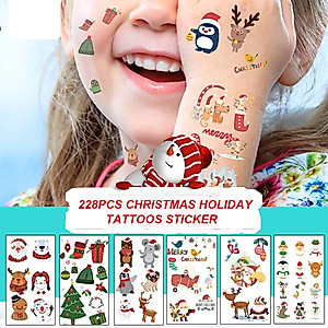 Temporary Tattoo for Kids Adults, 228 PCS Christmas Waterproof Body Stickers, Face Fake Tattoos Kit, Cute Tattoo Decorations, Birthday Party Favor Supplies Decor for Boys Girls Children Xmas Holiday