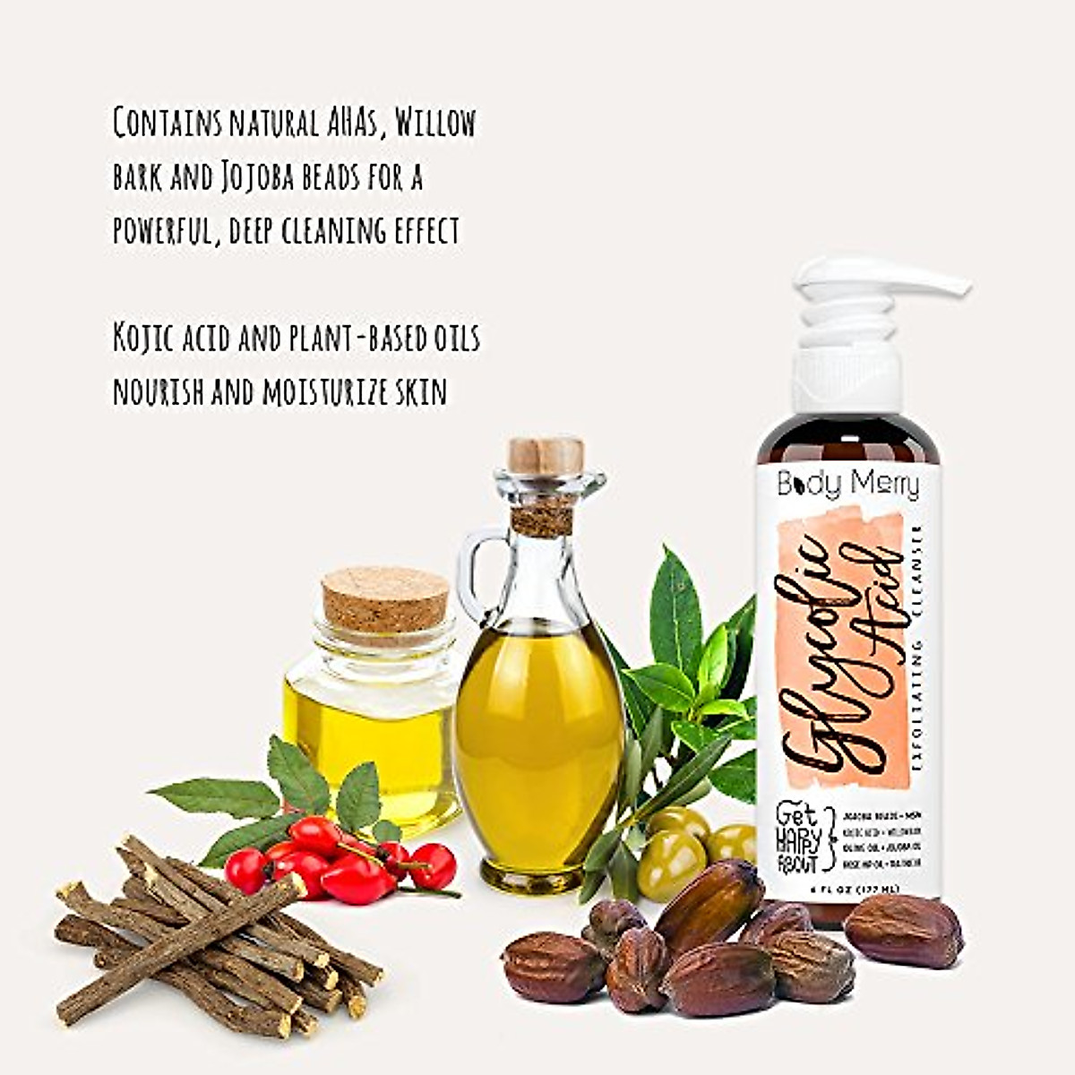 Body Merry Glycolic Acid Exfoliating Facial Cleanser – Anti-Aging Face Wash with Jojoba Beads – Cruelty Free Skin Brightening Pore Scrub for Men and Women, 6 fl oz