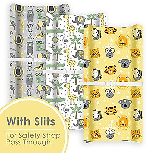 GROW WILD Changing Pad Cover 3 Pack | Soft & Stretchy Jersey Cotton | Baby Changing Table Pad Cover | Diaper Changing Pad Covers for Girls or Boys | Wipeable Sheets | Grey White Yellow Safari Animals