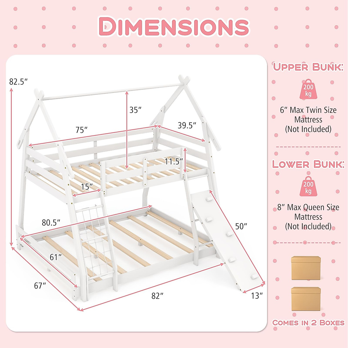 Costzon Twin Over Queen Bunk Bed, House Shaped Bed Frame with Climbing Nets and Ramp, Safety Guardrail, No Box Spring Needed, Wooden Kids Bed for Boys Girls (White, Twin Over Queen)