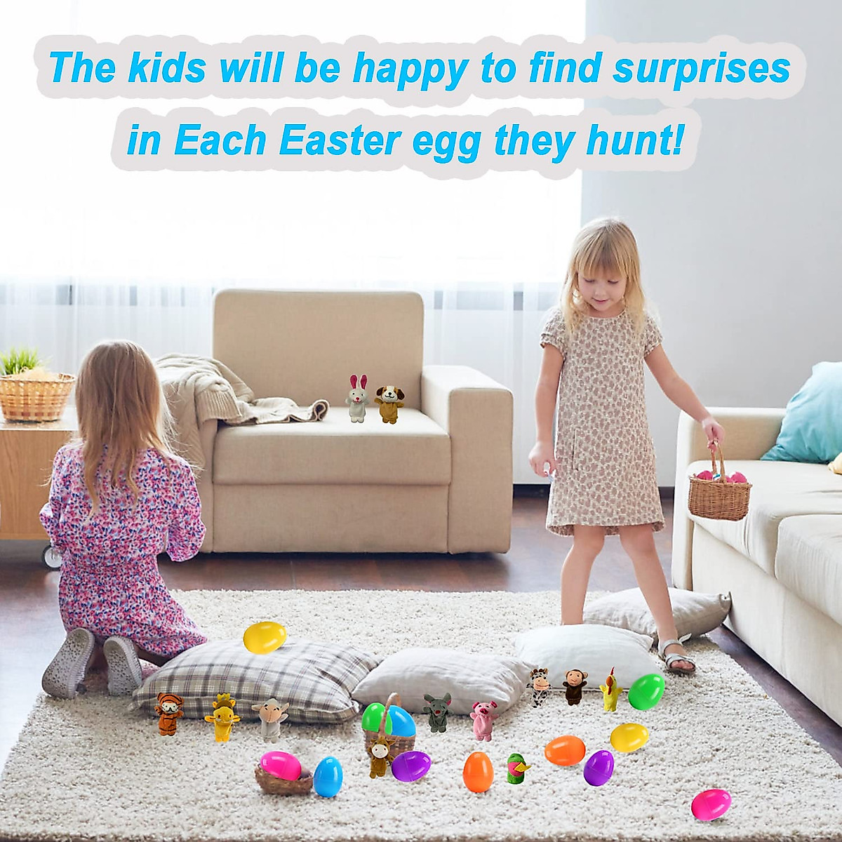 12 Pack Easter Eggs Filled with Animal Finger Puppets, Easter Basket Stuffers Surprise Easter Gifts Prefilled Mini Finger Plush Toys Hunt Party Favors for Kids