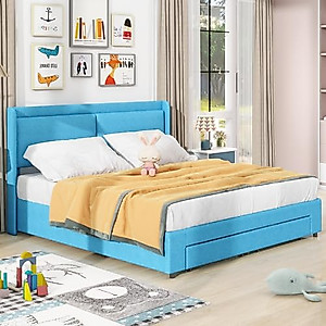 BOVZA Queen Size Lift up Storage Upholstered Platform Bed with 2 Drawers, Modern Wingback Headboard, Hydraulic Storage Bed Frame, Linen Blue