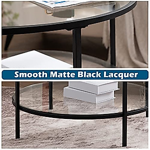 VINGLI Glass Coffee Table,30" Round Coffee Table Black Coffee Tables for Living Room,2-Tier Glass Top Coffee Table with Storage Clear Coffee Table,Simple & Modern Center Table Mesa de Centro Para Sala