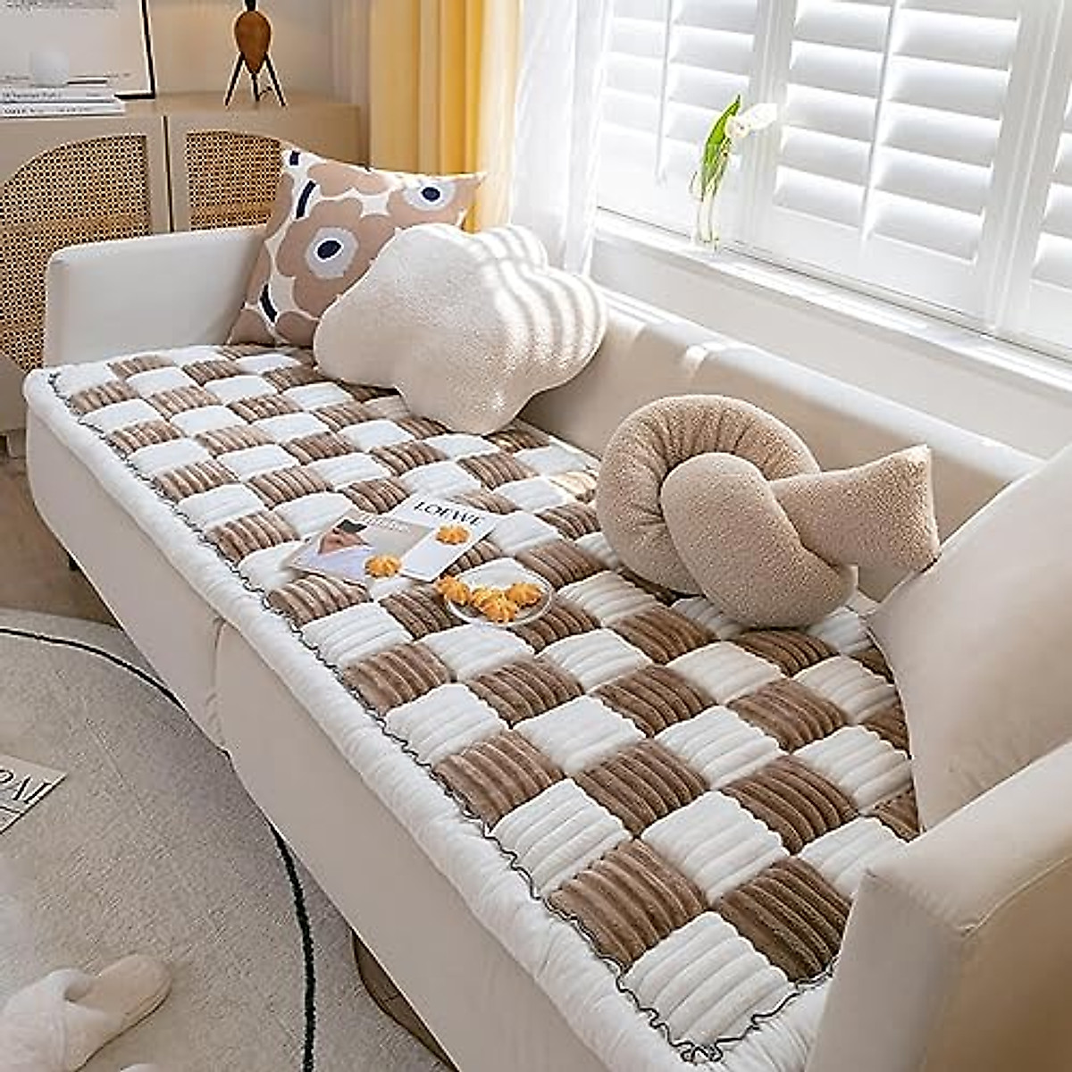 TTEDMO Cream-Coloured Large Plaid Square Pet Mat Bed Cover, Dog Sofa Couch (Light Brown,19.6x19.6 in)