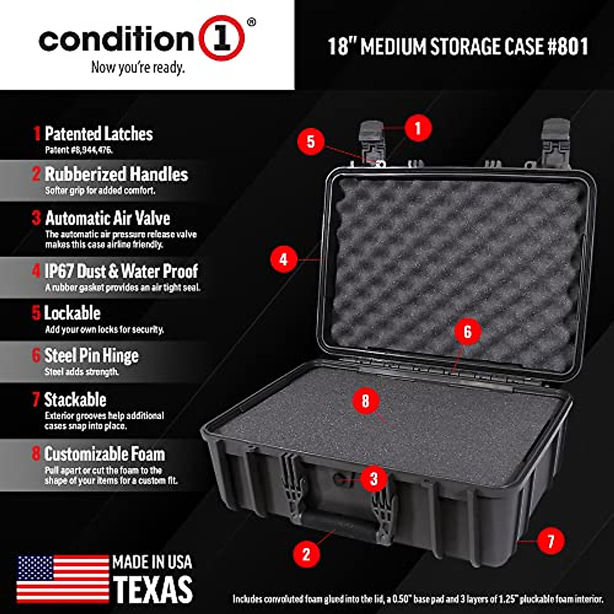 Condition 1 Medium Waterproof Hard Case with Foam, Heavy-Duty Protective Portable Storage Travel Hard Shell Carrying Cases for Camera, Electronics, Tools, Tactical Gear, 18" x 14" x 7"#801, Black