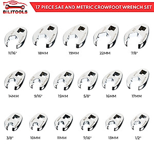 BILITOOLS Crows Foot Wrench Set, 3/8" Drive Crowfoot Flare Nut Cr-V Metric 10-22mm & SAE 3/8"-7/8" | 17 Piece
