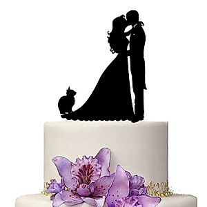 YAMI COCU Wedding Cake Topper, Black Color Acrylic Silhouette Couple Bride and Groom Cat Wedding Party Decorations