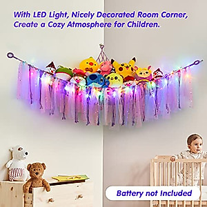 ieBabay Stuffed Animal Net or Hammock with Led Light, Boho Stuffed Animal Storage Organizer, Plush Toy Hammock Net, Hanging Plushie Net, Toddler Hammock for Kids Room Decor