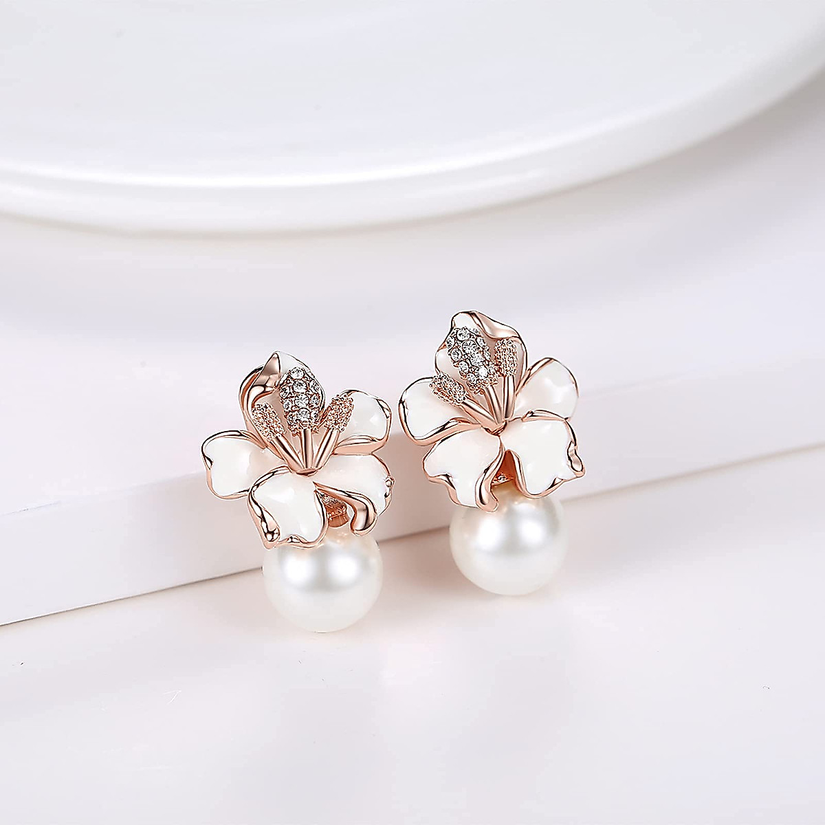Kemstone Pearl and Flower Stud Earrings Rose Gold Pearl Earrings for Women