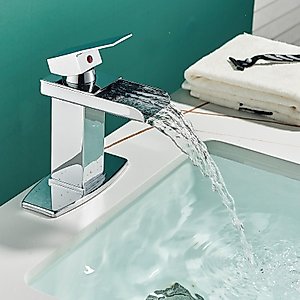 Mosson Waterfall Brass Bathroom Faucet Single Handle 1 or 3 Hole Bathroom Sink Faucet Chrome Washbasin Faucet with Deck and Water Supply Hoses