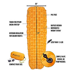 Lightspeed Outdoors Insulated Air Mat | Camping Mattress | Sleeping Pad for Backpacking and Hiking | Camp Air Mattress | Inflating Sleeping Pad for Camping | 77" x 25" x 3" | Yellow