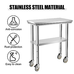 Hasopy Stainless Steel Table for Prep & Work 30 x 12 Inches with Caster Wheels, NSF Commercial Heavy Duty Table with Undershelf and Galvanized Legs for Garage Restaurant Home and Hotel