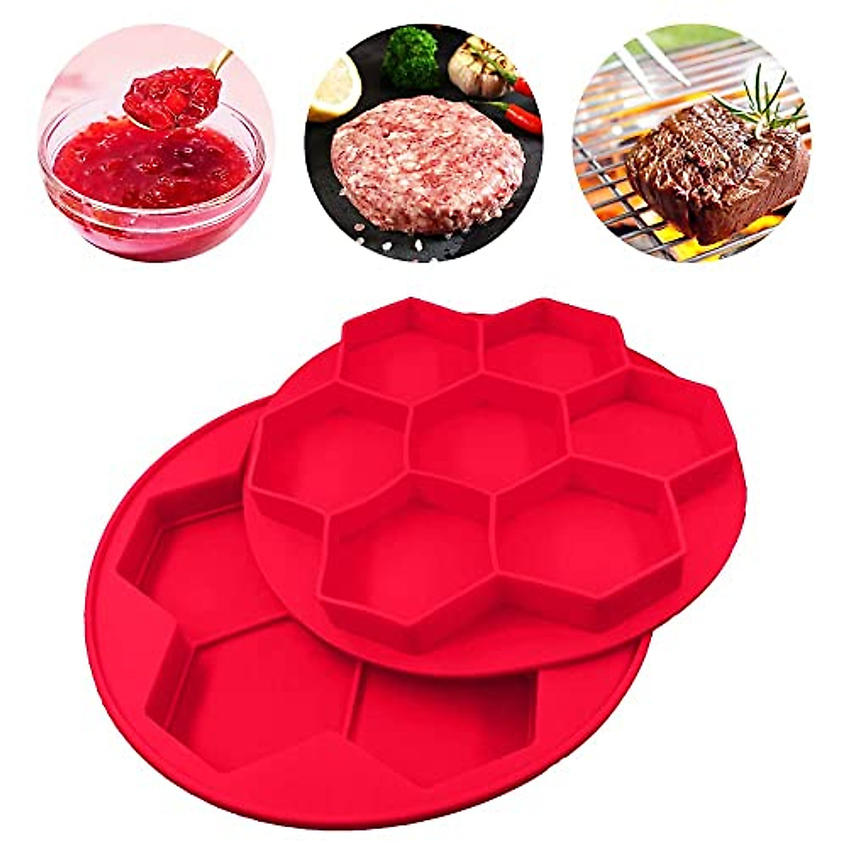Mekek 7 in 1 Hamburger Silicone Mold, Non-Stick Food Grade Hexagonal Hamburger Patty Maker Press, Shape, & Freeze Container