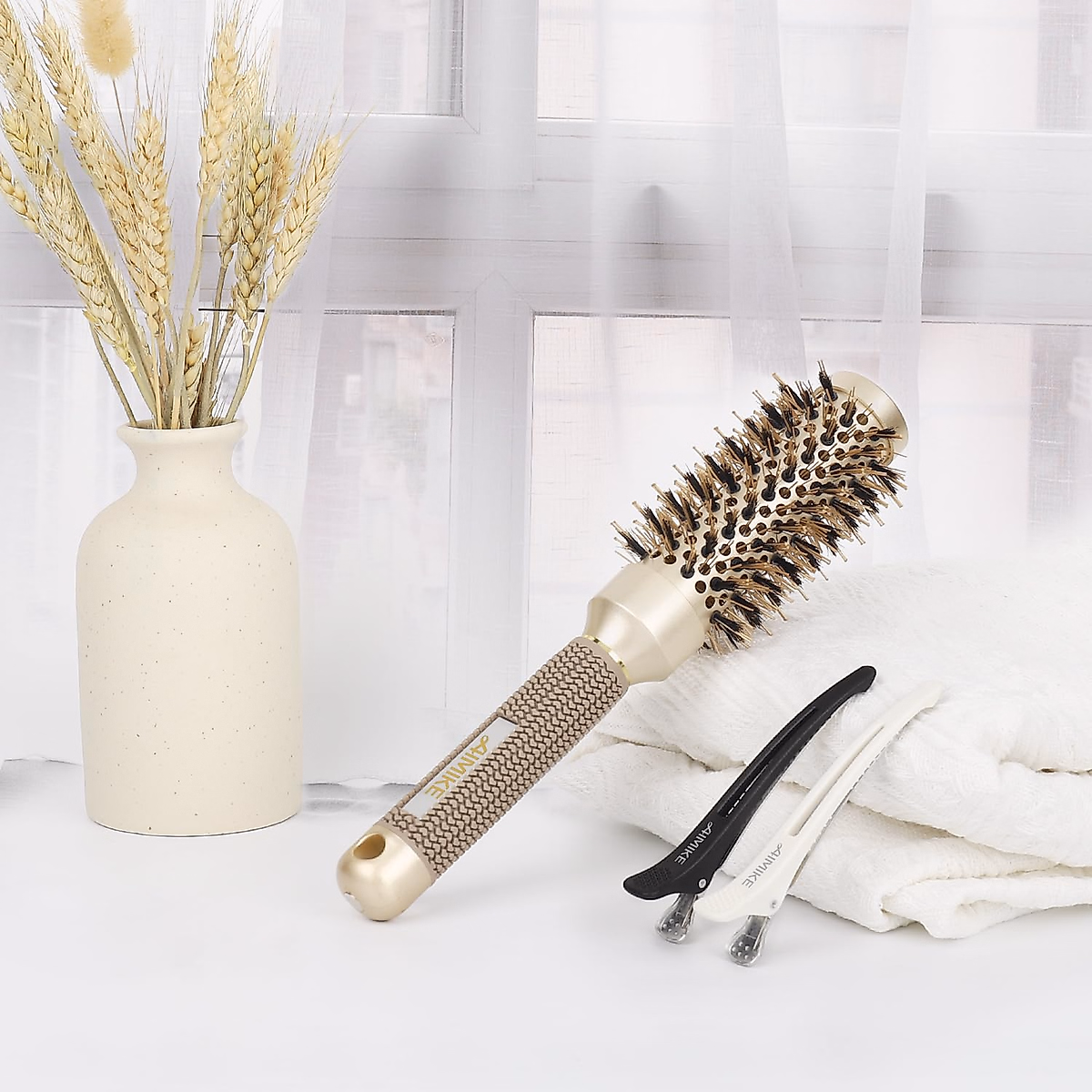 AIMIKE Round Brush, 1.3 Inch Barrel, Nano Thermal Ceramic & Ionic Tech, Boar Bristles, for Blow Drying, Styling, Curling and Shine, Gold + 4 Clips