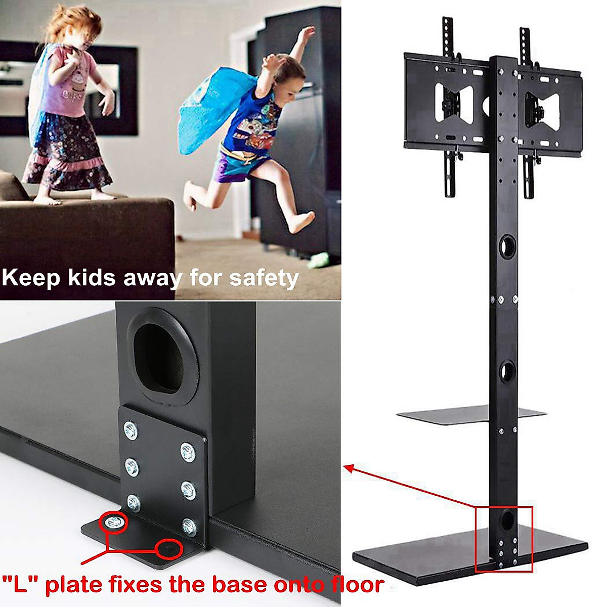 unho Floor TV Stand Free-standing: 65 inches TV Mount Stand with Height Adjustable Tilt Bracket and 2 AV Shelves Base for Most Large Flat Screens Televisions