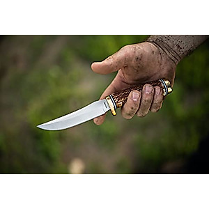 Uncle Henry 153UH Next Gen Golden Spike Knife with 5in High Carbon S.S. Fixed Blade, Staglon Handle, Sharpening Stone, and Leather Belt Sheath for EDC, Hunting, Survival, Camping and Outdoors,Brown