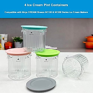 CUTIECLUB 4 Ice Cream Pint Containers and Lids for Ninja CREAMi Breeze NC100 & NC200 Series CREAMi Ice Cream Makers, and Stainless Steel Ice Cream Scooper with Trigger Release Set
