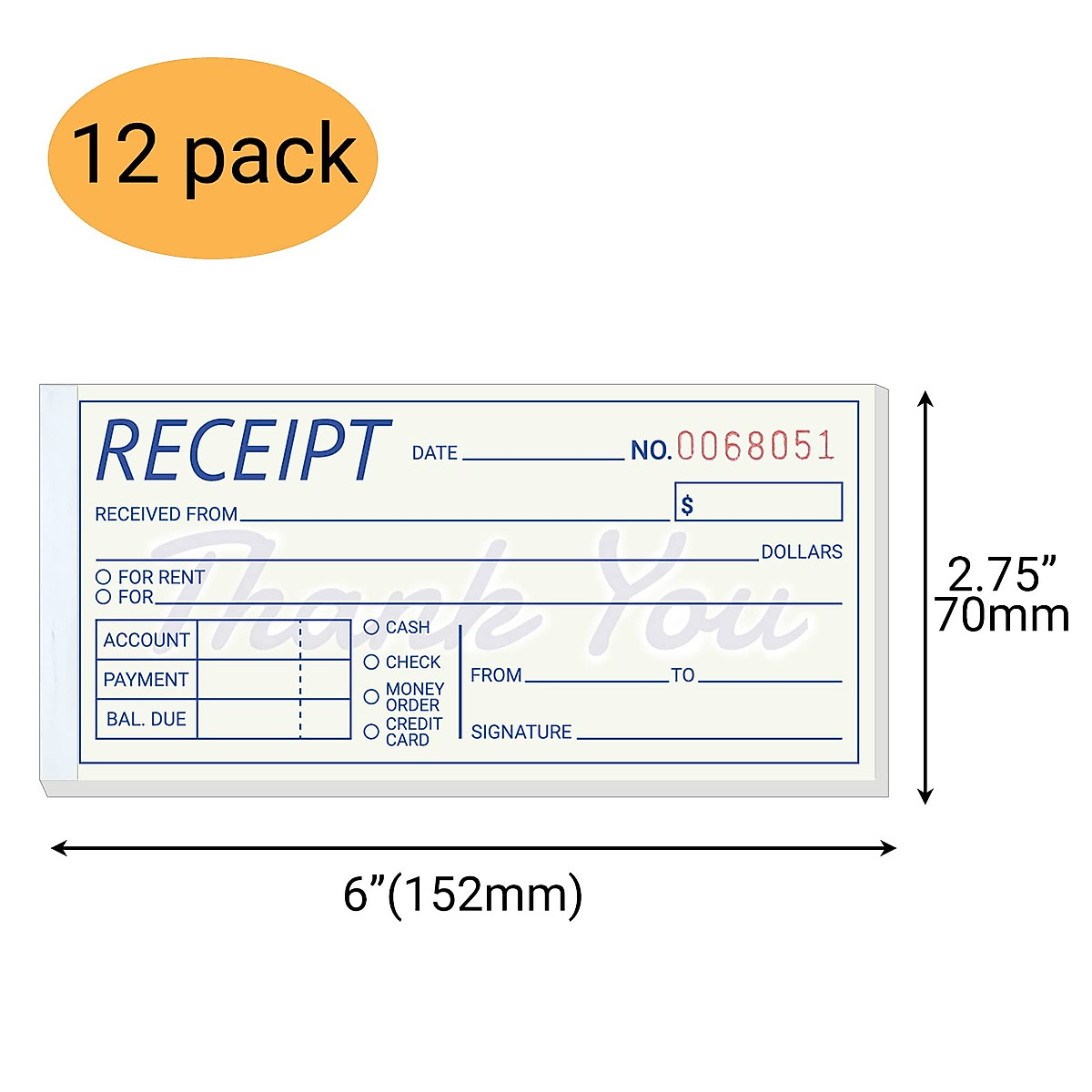 suituts [12 Books] Money and Rent Receipt Books, Pocket Size 2.75x6 Inch 2-Part Carbonless Receipt Book for Small Business (50 Sets Per Book)
