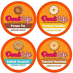 Donut Café Single Serve Coffee Pods for Keurig K Cup Brewers, Medium Roast, 20 Each : Pecan Pie, Coconut Crumble, Salted Caramel, Toasted Hazelnut, Flavored Variety Pack, 80 Count