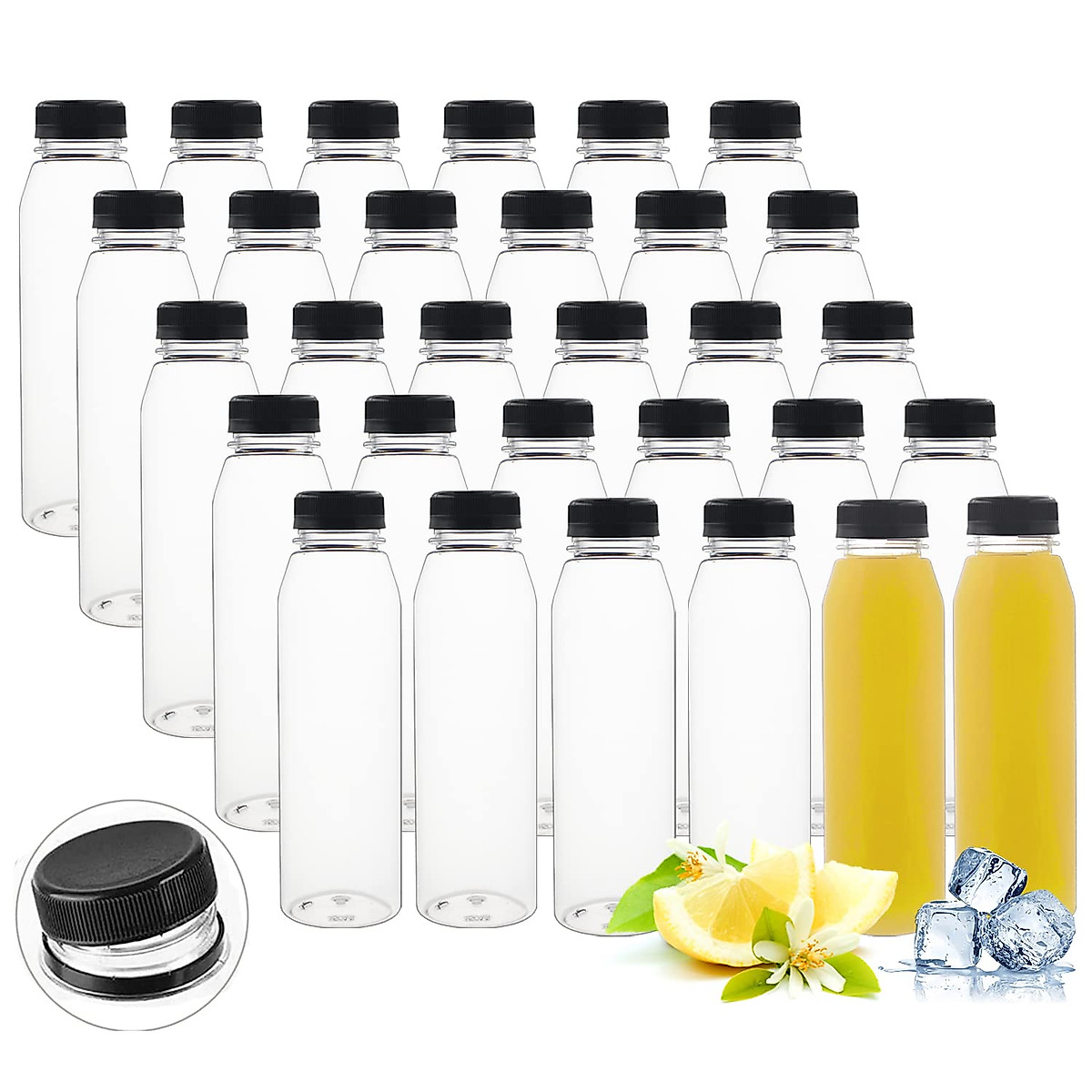 BPFY 30 Pack 12 oz Empty Plastic Juice Bottles with Caps Reusable Clear Beverage Containers with Black Tamper Evident Lids, Brush, Funnel for Juice, Milk, Water, Coffee
