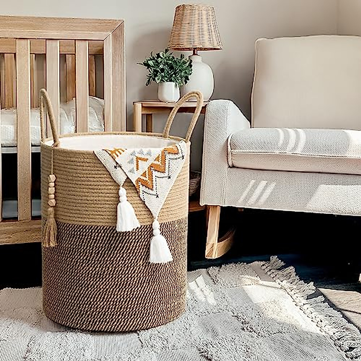 CherryNow Tall Laundry Hamper Woven Storage Basket, Shoe Basket for Entryway, Blanket Basket Living Room, Decorative Basket for Toys, Clothes, 15 x 17.7 Inches, Black & Jute