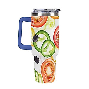 Sliced ​​Pepper Tomato Onion 40oz Water Bottle Double Wall Insulated Tumbler with Handle Leakproof Travel Mug Deep Blue-style