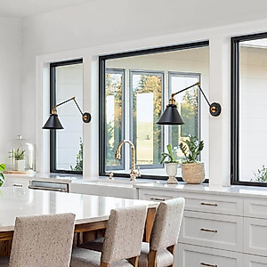 Black Wall Sconces Lighting, Modern Industrial Plug in or Hardwired Adjustable Swing Arm Wall Lamp with Antique Brass Finish for Bedroom, Living Room and Kitchen