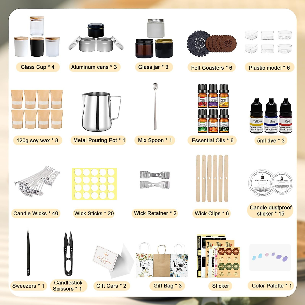 DOPXXBB Complete Candle Making Kit, DIY Candle Making Supplies for Adults, Include Soy Wax, Candle Cups & Tins Candle Wicks & Light Aroma Type Scents, Liquid Dyes & More