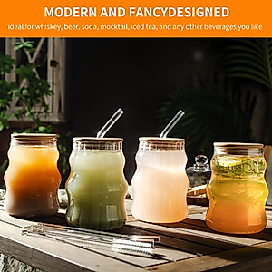 4 Pcs Ribbed Glass Cups With Straws With Lids Set, Water Glasses Set, 18Oz Vintage Drinking Glassware With Wave Shape Design, Bubble Cups for Iced Coffee, Beverage, Milk, Cocktails (18 OZ -A)