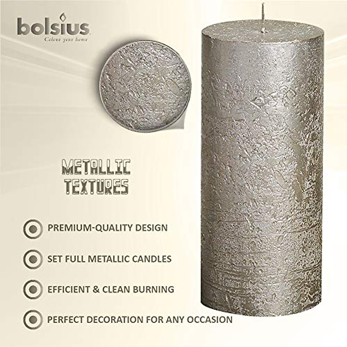 BOLSIUS Unscented Pillar Candles - Rustic Full Metallic Campagne Candle 2.75" X 7.5" - Decorative Candles Set of 3 - Clean Burning Candles for Wedding Home Decor Party Restaurant Spa- Aprox (190/68m)